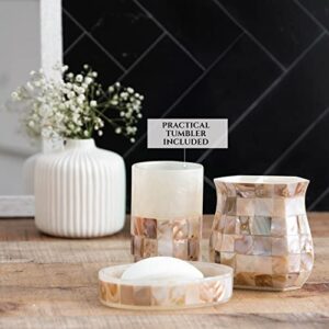 Creative Scents Decorative Bathroom Accessories Set - 4 Piece Bathroom Accessory Set Covered with Natural Mother of Pearl Shells Includes: Soap Dispenser, Toothbrush Holder, Tumbler and Soap Dish