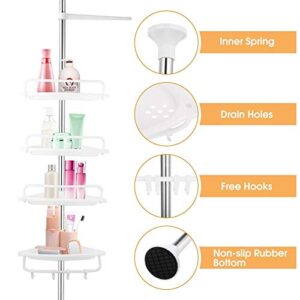 Ejoyous Tension Corner Shower Caddy, 4 Tier Height Adjustable Bathroom Corner Shower Rack Organizer Telescopic Rustproof Shower Caddy Pole for Storing Shampoo, Conditioner, Soap - White