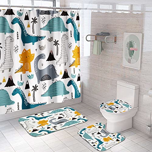 GRIEKOWE Cartoon Dinosaur Shower Curtain Sets, 4 Pcs Boys Cute Kids Funny Animal Graffiti Dino Multi Color Children Fabric Waterproof Home Bed, Shower Curtains with 12 Hooks Included(72X72in)