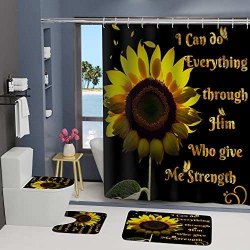 Izayoi 4PCS Sunflower Shower Curtain Sets Butterfly Yellow Flower Bathroom Sets with Non-Slip Rug, Toilet Lid Cover and Bath Mat Waterproof Shower Curtains for Bathroom Decor with 12 Hooks