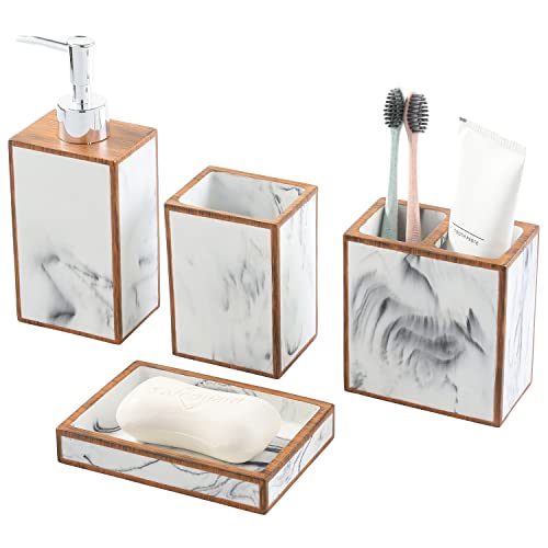 MyGift 4 Piece Marbled Design White and Black Resin Bathroom Countertop Accessories Set with Decorative Wood Trim Includes Pump Lotion Dispenser, Tumbler, Toothbrush Holder and Soap Dish