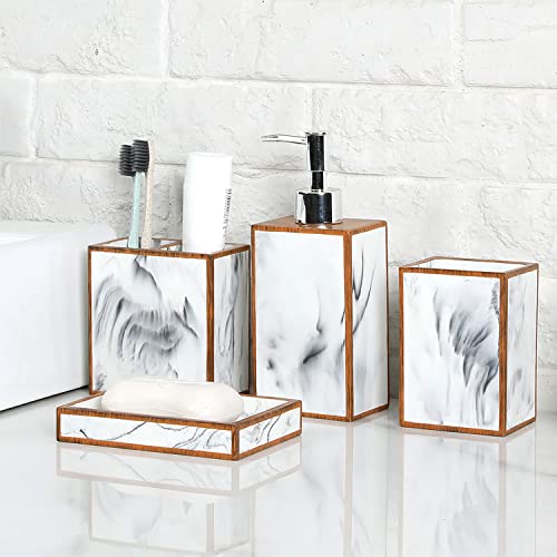 MyGift 4 Piece Marbled Design White and Black Resin Bathroom Countertop Accessories Set with Decorative Wood Trim Includes Pump Lotion Dispenser, Tumbler, Toothbrush Holder and Soap Dish