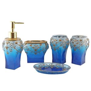 country style resin 5pc bathroom accessories set soap dispenser/toothbrush holder/tumbler/soap dish (blue)