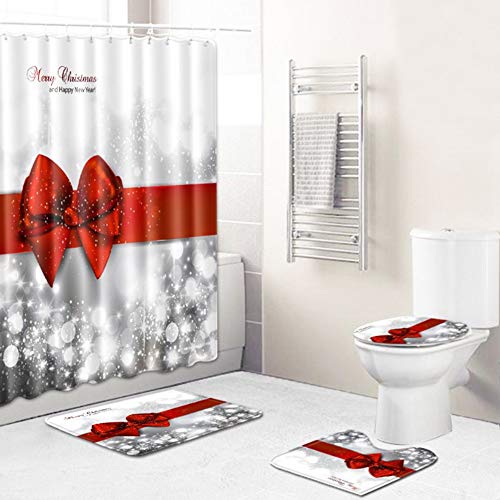 4Pcs Merry Christmas Shower Curtain Sets,Christmas Bathroom Decoration Waterproof Bath Curtain with 12 Hooks,Toilet Mat，Base Mat,Floor Mat, Holiday Bathroom Decoration Set (Style 1)