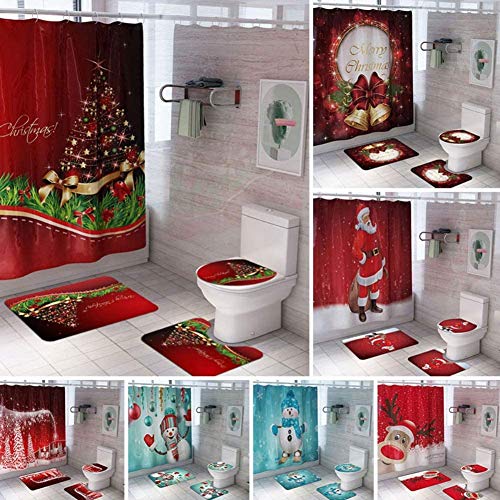 4Pcs Merry Christmas Shower Curtain Sets,Christmas Bathroom Decoration Waterproof Bath Curtain with 12 Hooks,Toilet Mat，Base Mat,Floor Mat, Holiday Bathroom Decoration Set (Style 1)