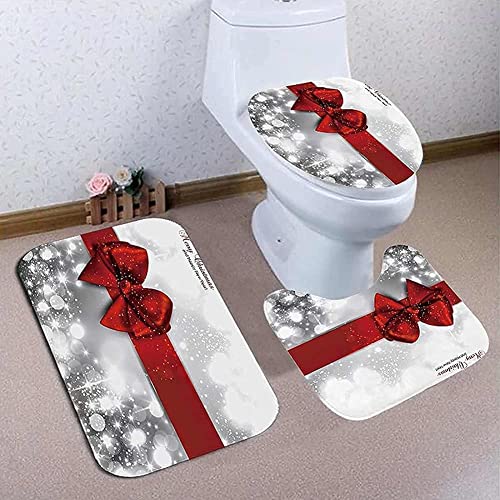 4Pcs Merry Christmas Shower Curtain Sets,Christmas Bathroom Decoration Waterproof Bath Curtain with 12 Hooks,Toilet Mat，Base Mat,Floor Mat, Holiday Bathroom Decoration Set (Style 1)