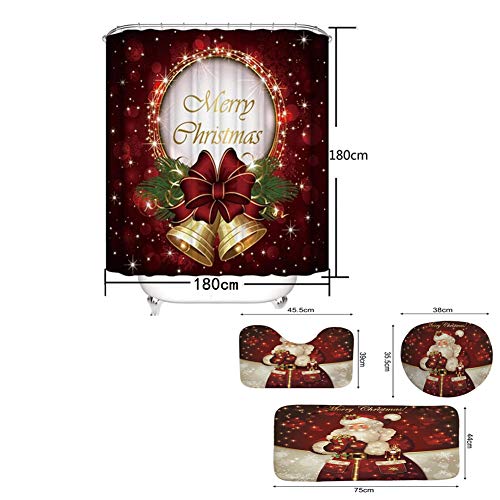 4Pcs Merry Christmas Shower Curtain Sets,Christmas Bathroom Decoration Waterproof Bath Curtain with 12 Hooks,Toilet Mat，Base Mat,Floor Mat, Holiday Bathroom Decoration Set (Style 1)