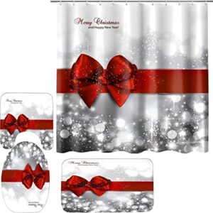 4Pcs Merry Christmas Shower Curtain Sets,Christmas Bathroom Decoration Waterproof Bath Curtain with 12 Hooks,Toilet Mat，Base Mat,Floor Mat, Holiday Bathroom Decoration Set (Style 1)