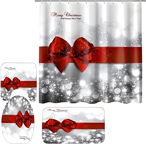 4Pcs Merry Christmas Shower Curtain Sets,Christmas Bathroom Decoration Waterproof Bath Curtain with 12 Hooks,Toilet Mat，Base Mat,Floor Mat, Holiday Bathroom Decoration Set (Style 1)