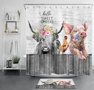 ecotob farmhouse highland cow shower curtain set cute farm cow chicken and pig with flowers on grey fence bath mat and shower curtain funny farm animal bathroom decor accessories, 72x72 inches