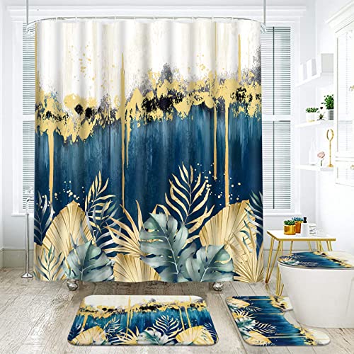 Alishomtll 4Pcs Navy Blue Shower Curtain Sets with Non-Slip Rug, Toilet Lid Cover and Bath Mat, Blue Gold Oil Painting Shower Curtain with 12 Hooks, Luxury Gorgeous Abstract Art Modern Bathroom Sets