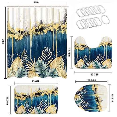 Alishomtll 4Pcs Navy Blue Shower Curtain Sets with Non-Slip Rug, Toilet Lid Cover and Bath Mat, Blue Gold Oil Painting Shower Curtain with 12 Hooks, Luxury Gorgeous Abstract Art Modern Bathroom Sets