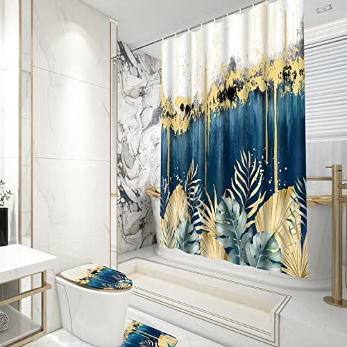 Alishomtll 4Pcs Navy Blue Shower Curtain Sets with Non-Slip Rug, Toilet Lid Cover and Bath Mat, Blue Gold Oil Painting Shower Curtain with 12 Hooks, Luxury Gorgeous Abstract Art Modern Bathroom Sets