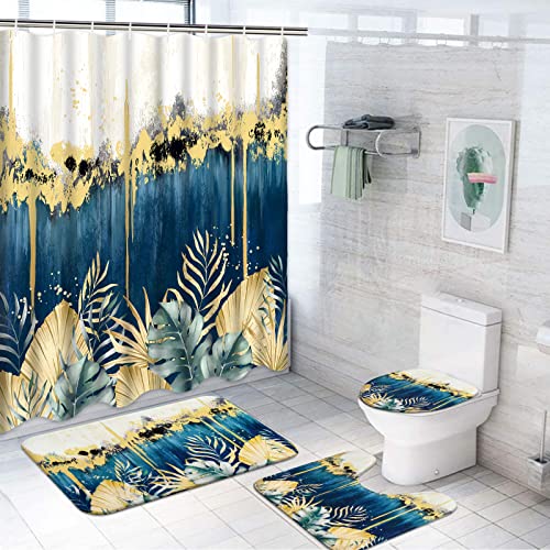 Alishomtll 4Pcs Navy Blue Shower Curtain Sets with Non-Slip Rug, Toilet Lid Cover and Bath Mat, Blue Gold Oil Painting Shower Curtain with 12 Hooks, Luxury Gorgeous Abstract Art Modern Bathroom Sets