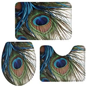 fashion 3 piece bath rugs set elegant peacock feather abstract printed non slip ultra soft bathroom mats, u shape mat and toilet lid cover mat bath mats