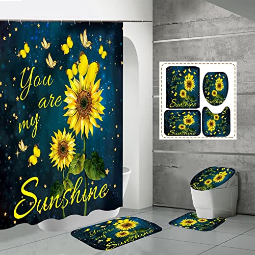 Ochine Sunflower Shower Curtain Sets with Rugs 4PCS, Quotes Butterfly Sunflower Bathroom Decor Sets with Non-Slip Rug, Toilet Lid Cover and Bath Mat, Shower Curtain Sunflower with 12 Hooks