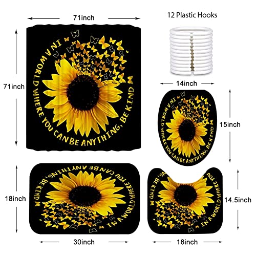 Ochine Sunflower Shower Curtain Sets with Rugs 4PCS, Quotes Butterfly Sunflower Bathroom Decor Sets with Non-Slip Rug, Toilet Lid Cover and Bath Mat, Shower Curtain Sunflower with 12 Hooks