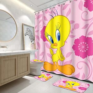 4pcs anime shower curtain set accessories with kawaii bird shower curtains non-slip rugs for women,toilet lid cover and bath mat 12 hooks,funny cartoon bathroom decor,gifts for boys girls 72 x 72 inch