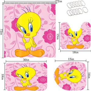 4PCS Anime Shower Curtain Set Accessories with Kawaii Bird Shower Curtains Non-Slip Rugs for Women,Toilet Lid Cover and Bath Mat 12 Hooks,Funny Cartoon Bathroom Decor,Gifts for Boys Girls 72 x 72 inch