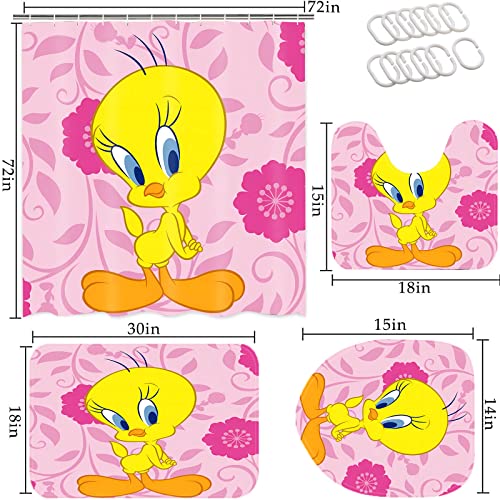 4PCS Anime Shower Curtain Set Accessories with Kawaii Bird Shower Curtains Non-Slip Rugs for Women,Toilet Lid Cover and Bath Mat 12 Hooks,Funny Cartoon Bathroom Decor,Gifts for Boys Girls 72 x 72 inch