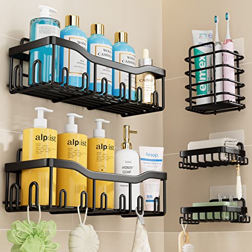 FAFOOU Shower Caddy, Bathroom Shower Organizer [5-Pack], Self Adhesive Shower Shelves, Shower Shelf for Inside Shower Rack, Stainless Steel Bathroom Storage, Wall Mounted Shower Accessories Black