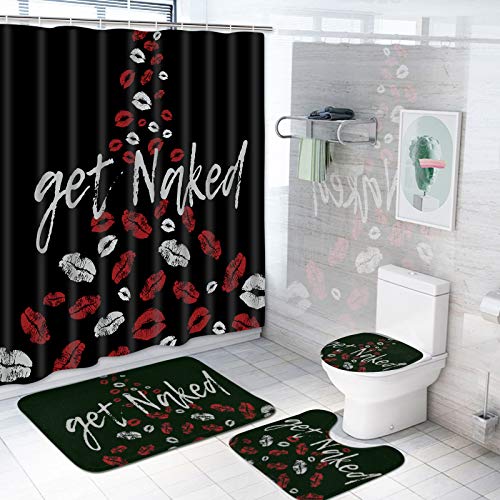 Alishomtll 4 Pcs Red and Black Shower Curtain Set with Non-Slip Rug, Toilet Lid Cover and Bath Mat, Lips Get Naked Shower Curtain with 12 Hooks, Waterproof Funny Quotes Bathroom Shower Curtains