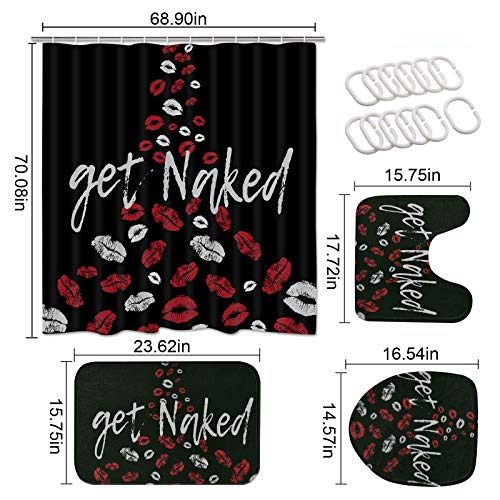 Alishomtll 4 Pcs Red and Black Shower Curtain Set with Non-Slip Rug, Toilet Lid Cover and Bath Mat, Lips Get Naked Shower Curtain with 12 Hooks, Waterproof Funny Quotes Bathroom Shower Curtains