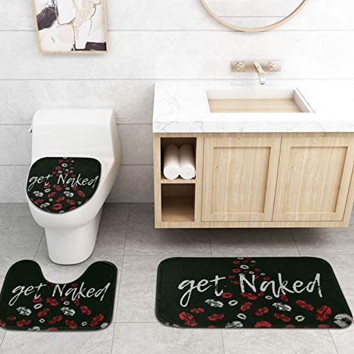 Alishomtll 4 Pcs Red and Black Shower Curtain Set with Non-Slip Rug, Toilet Lid Cover and Bath Mat, Lips Get Naked Shower Curtain with 12 Hooks, Waterproof Funny Quotes Bathroom Shower Curtains