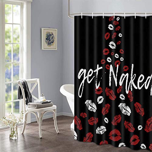 Alishomtll 4 Pcs Red and Black Shower Curtain Set with Non-Slip Rug, Toilet Lid Cover and Bath Mat, Lips Get Naked Shower Curtain with 12 Hooks, Waterproof Funny Quotes Bathroom Shower Curtains