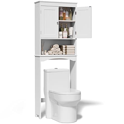 Gizoon Over The Toilet Storage Cabinet with Adjustable Shelf and Double Doors, Bathroom Space Saver Organizer Above Toilet with Open Shelf, Taller Wooden Free Standing Toilet Rack -White