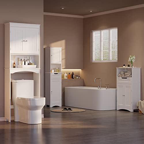 Gizoon Over The Toilet Storage Cabinet with Adjustable Shelf and Double Doors, Bathroom Space Saver Organizer Above Toilet with Open Shelf, Taller Wooden Free Standing Toilet Rack -White