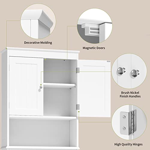 Gizoon Over The Toilet Storage Cabinet with Adjustable Shelf and Double Doors, Bathroom Space Saver Organizer Above Toilet with Open Shelf, Taller Wooden Free Standing Toilet Rack -White