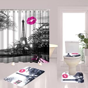 amagical 16 piece chic grey paris eiffel tower fabric shower curtain set bath mat set contour mat toilet cover peach kiss lips printed fabric curtain with 12 hooks