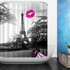 Amagical 16 Piece Chic Grey Paris Eiffel Tower Fabric Shower Curtain Set Bath Mat Set Contour Mat Toilet Cover Peach Kiss Lips Printed Fabric Curtain with 12 Hooks