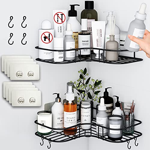 Shower Caddy Corner Shelf Organizer 2 PACK With 8 Pack Powerful Adhesive Hooks Wall Mounted Rust Proof Shower Rack No Drilling Corner Shower Shelf For Bathroom Storage Bathtub Accessories Black…