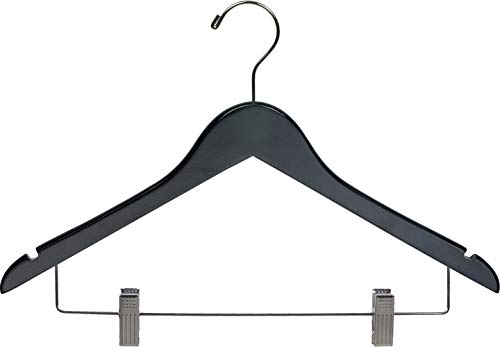 Black Rubberized Wooden Combo Hangers with Adjustable Cushion Clips, Flat Rubber Coated Hangers with Chrome Swivel Hook & Notches (Set of 50) by The Great American Hanger Company