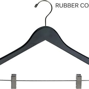 Black Rubberized Wooden Combo Hangers with Adjustable Cushion Clips, Flat Rubber Coated Hangers with Chrome Swivel Hook & Notches (Set of 50) by The Great American Hanger Company