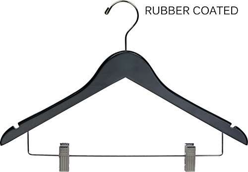 Black Rubberized Wooden Combo Hangers with Adjustable Cushion Clips, Flat Rubber Coated Hangers with Chrome Swivel Hook & Notches (Set of 50) by The Great American Hanger Company