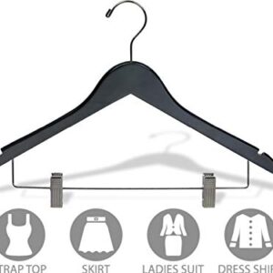 Black Rubberized Wooden Combo Hangers with Adjustable Cushion Clips, Flat Rubber Coated Hangers with Chrome Swivel Hook & Notches (Set of 50) by The Great American Hanger Company