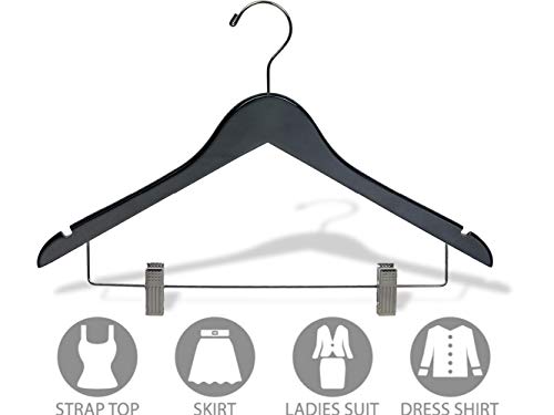 Black Rubberized Wooden Combo Hangers with Adjustable Cushion Clips, Flat Rubber Coated Hangers with Chrome Swivel Hook & Notches (Set of 50) by The Great American Hanger Company