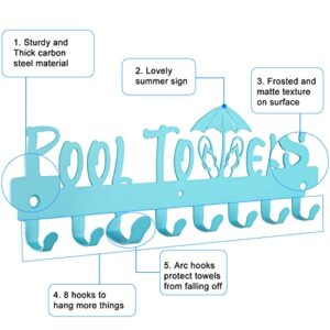 Pool Towel Rack with 8 Hooks, Towel Holder Wall Mounted for Outdoor or Bathroom, Towel Hanger for Hanging Bathrobes, Towels, Clothes - Perfect Pool Area Outside Sign and Decor (Blue)