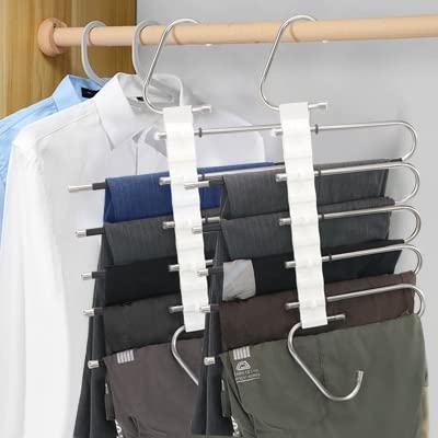 Pants Hangers for Clothes Hanger Organizer,(Easy Assembly) Stainless Steel Non Slip Space Saving Hangers, Magic Pants Hangers Layers Multifunctional Uses Rack Pants Organizer 2 Pack