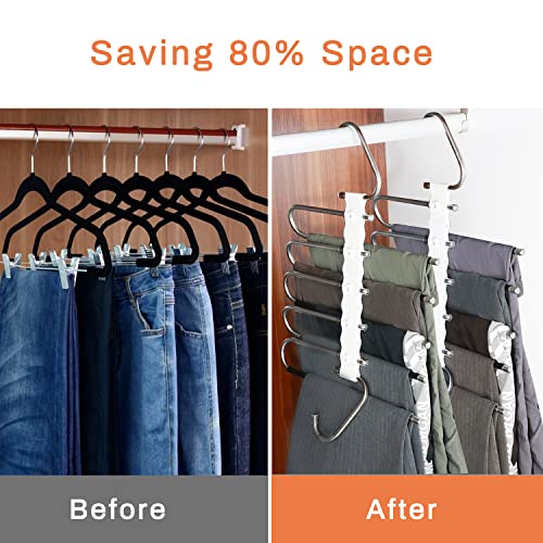 Pants Hangers for Clothes Hanger Organizer,(Easy Assembly) Stainless Steel Non Slip Space Saving Hangers, Magic Pants Hangers Layers Multifunctional Uses Rack Pants Organizer 2 Pack