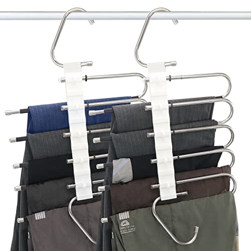 Pants Hangers for Clothes Hanger Organizer,(Easy Assembly) Stainless Steel Non Slip Space Saving Hangers, Magic Pants Hangers Layers Multifunctional Uses Rack Pants Organizer 2 Pack