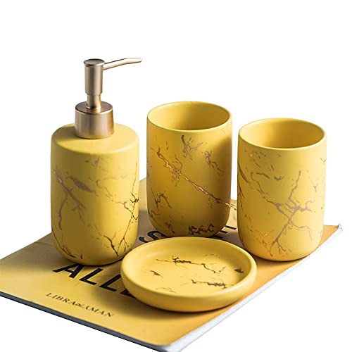 USYUEGLV Ceremic Bathroom Accessory Set, 4 Pieces Marble Look Complete Bath Decor Kit Includes Lotion Soap Dispenser, 2 Toothbrush Holder/Tumbler and Soap Dish (Yellow (Four Piece))