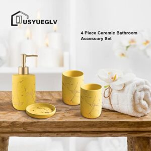 USYUEGLV Ceremic Bathroom Accessory Set, 4 Pieces Marble Look Complete Bath Decor Kit Includes Lotion Soap Dispenser, 2 Toothbrush Holder/Tumbler and Soap Dish (Yellow (Four Piece))