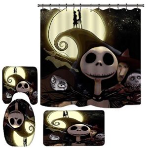 TAWOAO 4 Pcs Jack Skellington Shower Curtain Set with Non-Slip Rugs,Toilet Lid Cover and Bath Mat,Nightmare Before Christmas Shower Curtain with 12 Hooks