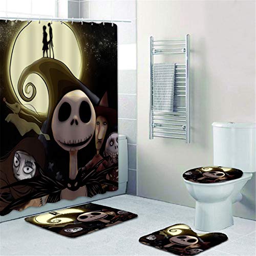 TAWOAO 4 Pcs Jack Skellington Shower Curtain Set with Non-Slip Rugs,Toilet Lid Cover and Bath Mat,Nightmare Before Christmas Shower Curtain with 12 Hooks