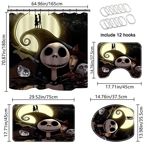 TAWOAO 4 Pcs Jack Skellington Shower Curtain Set with Non-Slip Rugs,Toilet Lid Cover and Bath Mat,Nightmare Before Christmas Shower Curtain with 12 Hooks