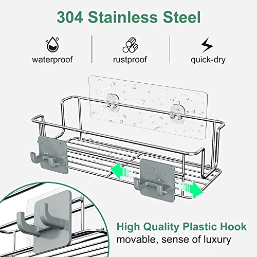 Thideewiz 3 Pack Adhesive Hanging Shower Caddy, 2.7-3.1inch Height Stainless Steel Bathroom Organizer, Silver Polished Shower Shelves with 4 Plastic Hooks and 4 Adhesives